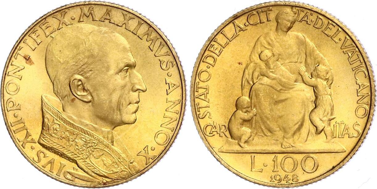 Italien-Vatikan 100 Lire Gold 1948 Pius XII 1939-1958. Winziger Fleck, CH UNC | MA-Shops