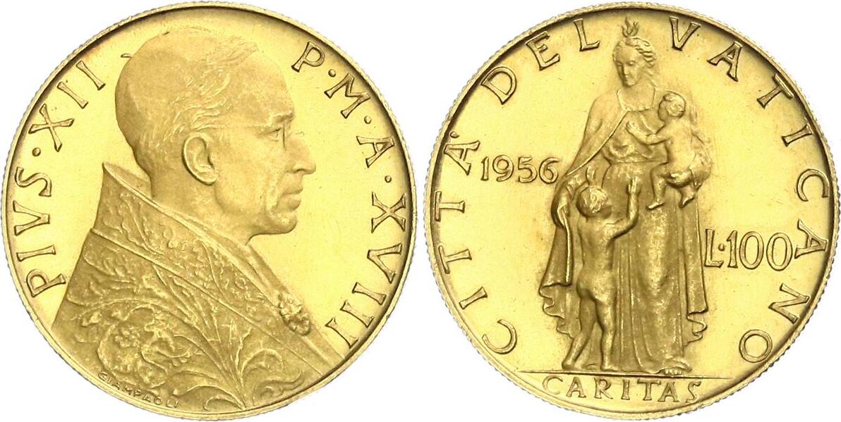 Italien-Vatikan 100 Lire Gold 1956 Pius XII 1939-1958. CH UNC | MA-Shops