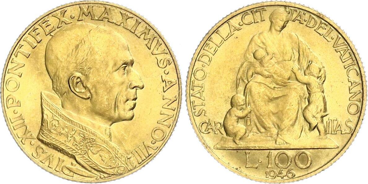 Italien-Vatikan 100 Lire Gold 1946 Pius XII 1939-1958. CH UNC | MA-Shops