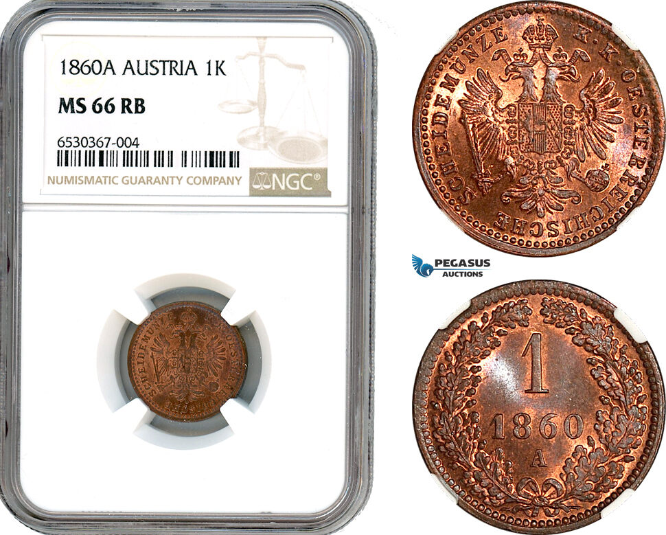 Austria 1 Kreuzer 1860 NGC MS66RB, Top Pop | MA-Shops