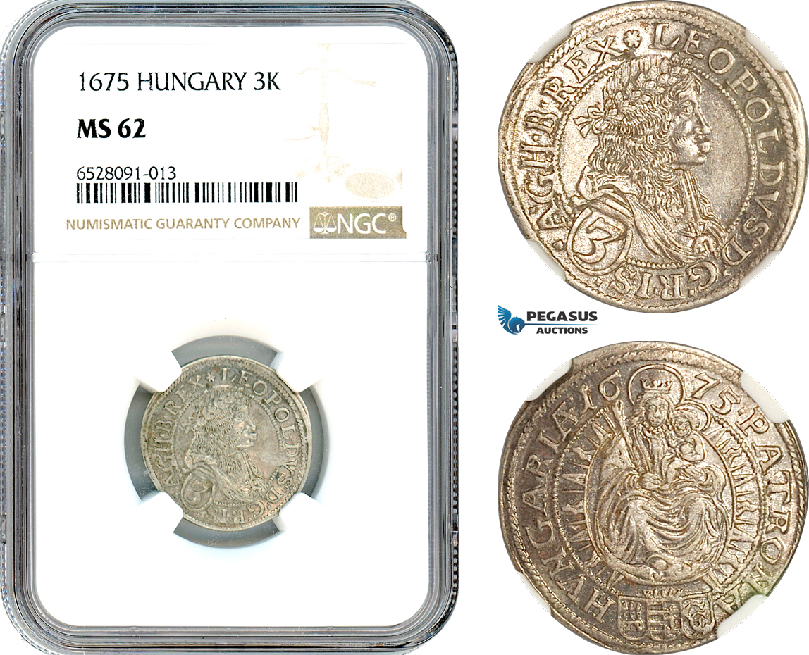 Hungary 3 Kreuzer 1675 NGC MS62, Top Pop! | MA-Shops