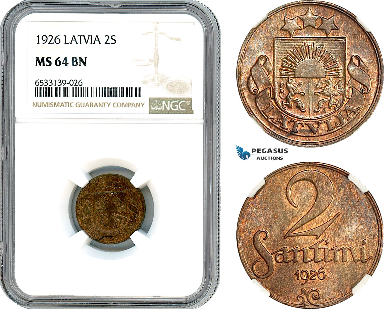 Latvia 2 Santimi 1926 NGC MS64BN | MA-Shops