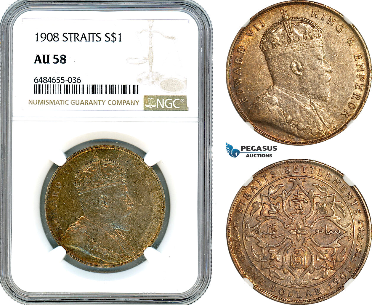 Straits Settlements 1 Dollar 1908 NGC AU58 | MA-Shops