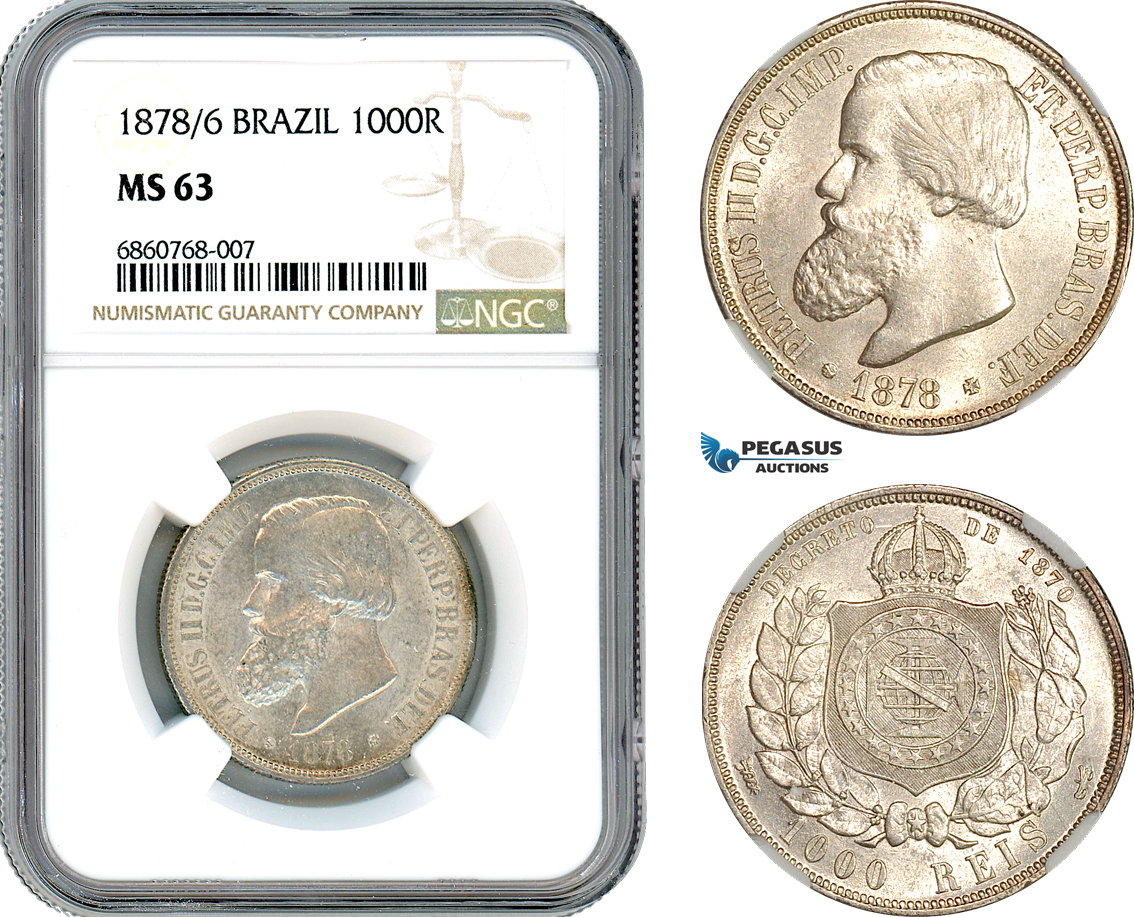 Brazil 1000 Reis 1878/6 NGC MS63, Top Pop | MA-Shops
