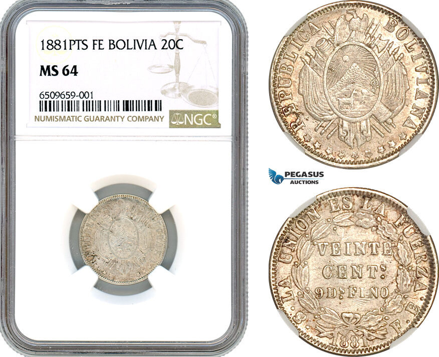 Bolivia 20 Centavos 1881 NGC MS64 | MA-Shops