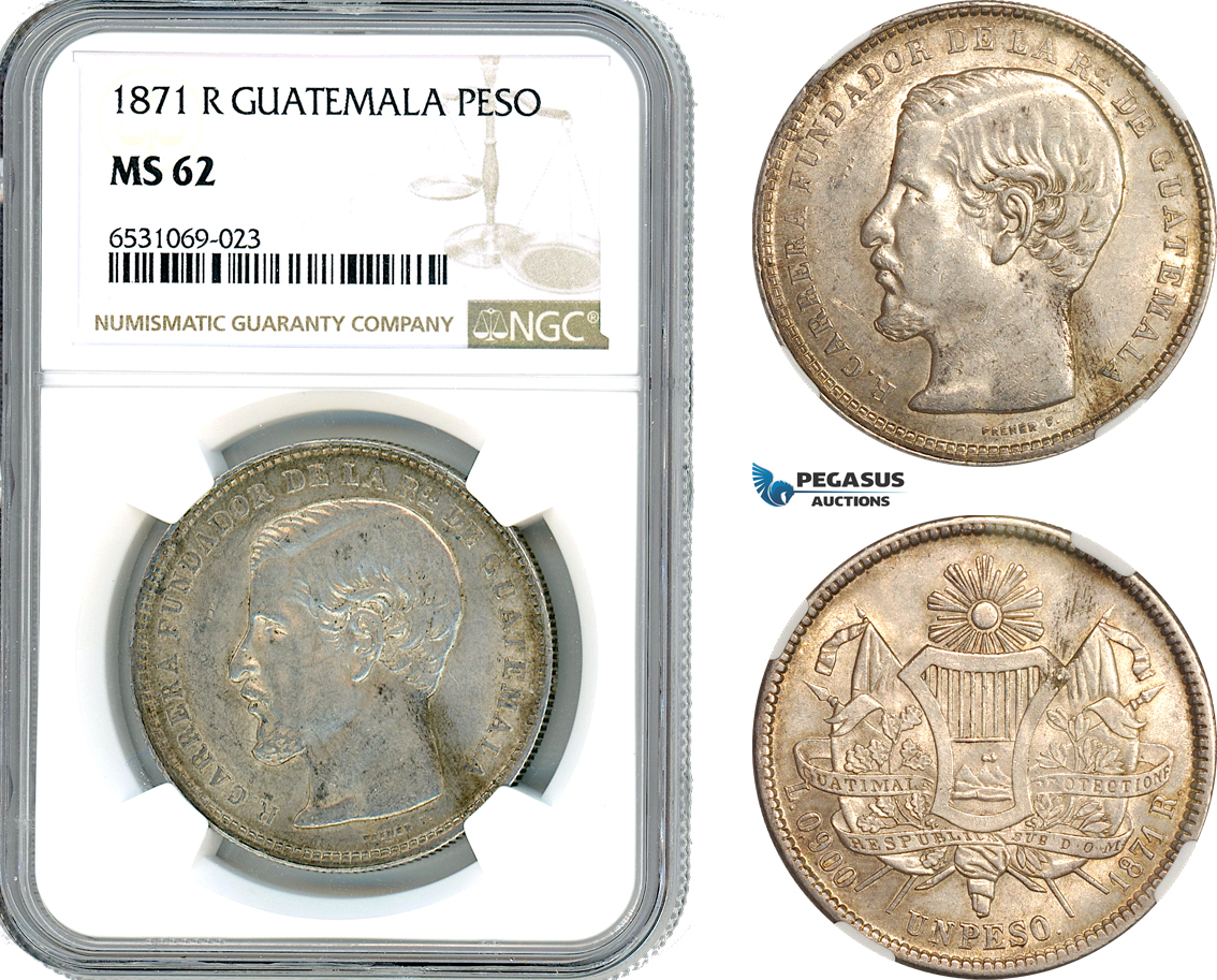 Guatemala 1 Peso 1871 NGC MS62, Top Pop! | MA-Shops