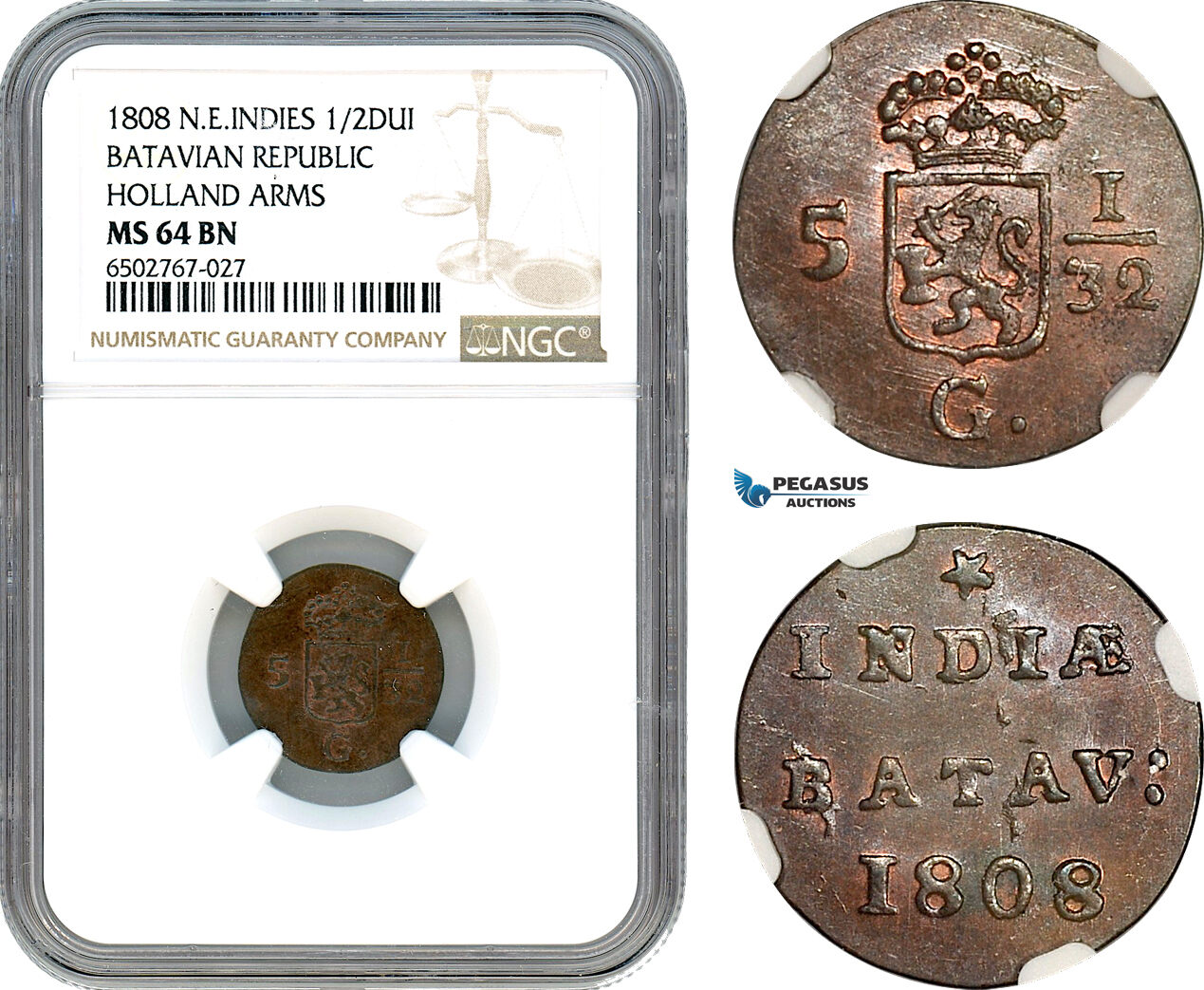 Netherlands East Indies 1/2 Duit 1808 NGC MS64BN | MA-Shops