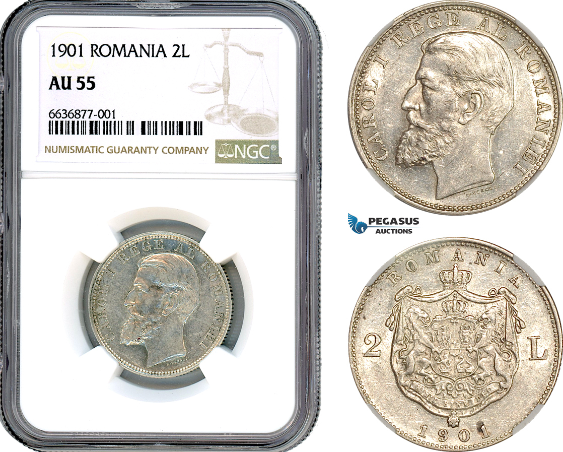 Romania 2 Lei 1901 NGC AU55, Extremely Rare! | MA-Shops