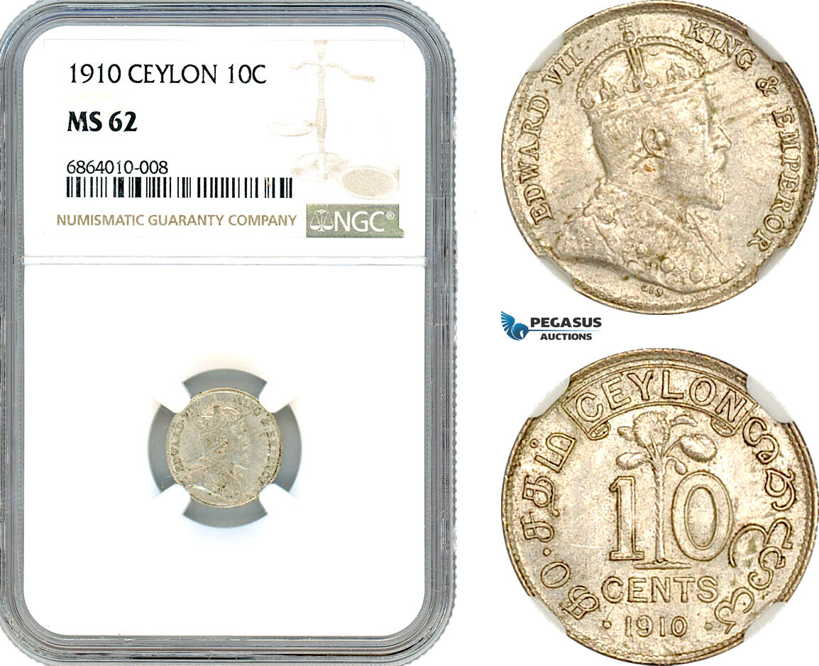 Ceylon 10 Cents 1910 NGC MS62 | MA-Shops