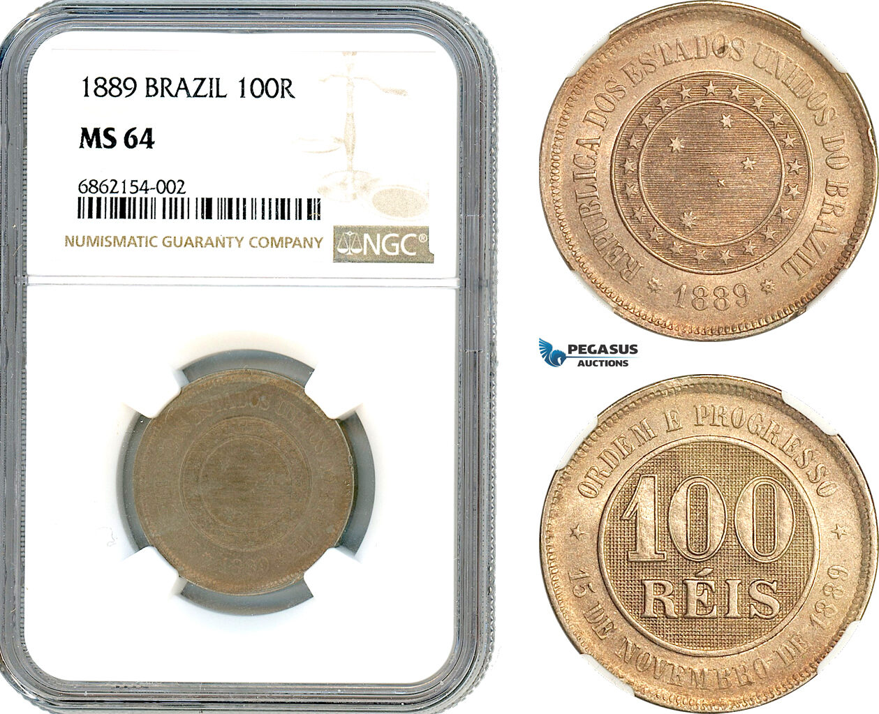 Brazil 100 Reis 1889 NGC MS64 | MA-Shops
