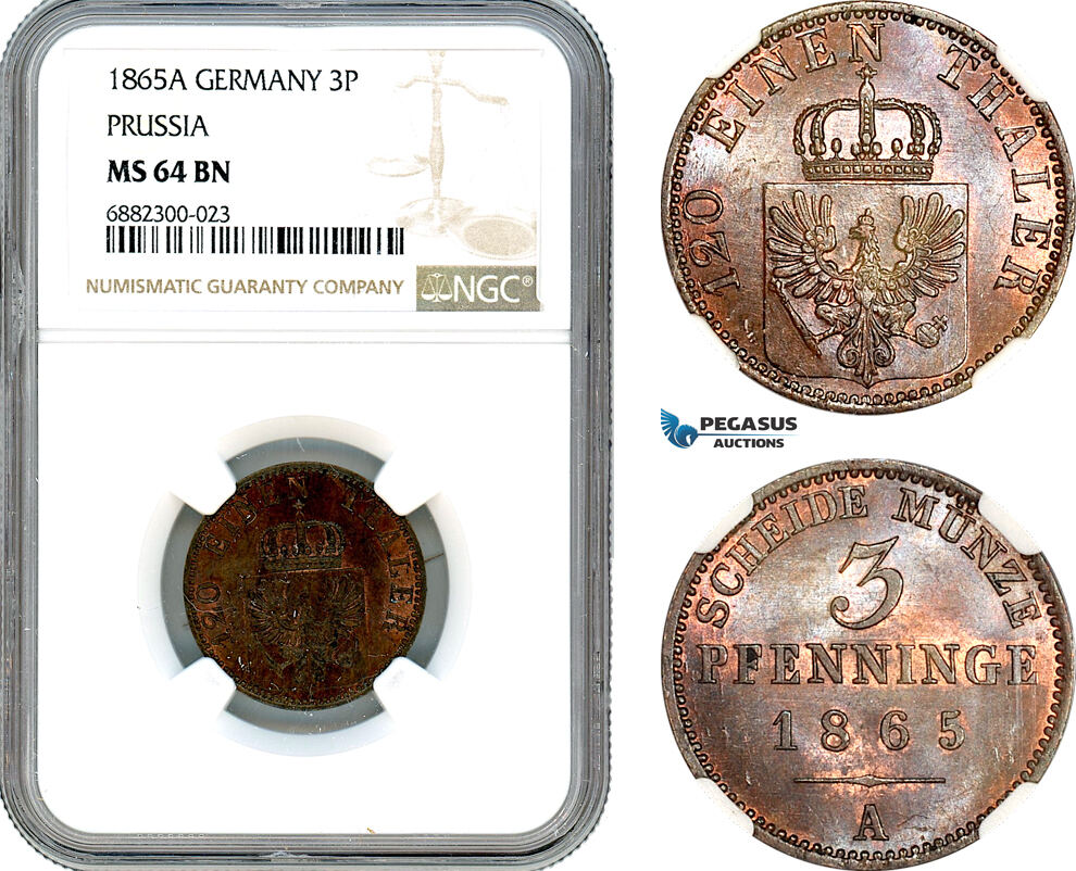 Germany, Prussia 3 Pfenninge 1865 NGC MS64BN | MA-Shops