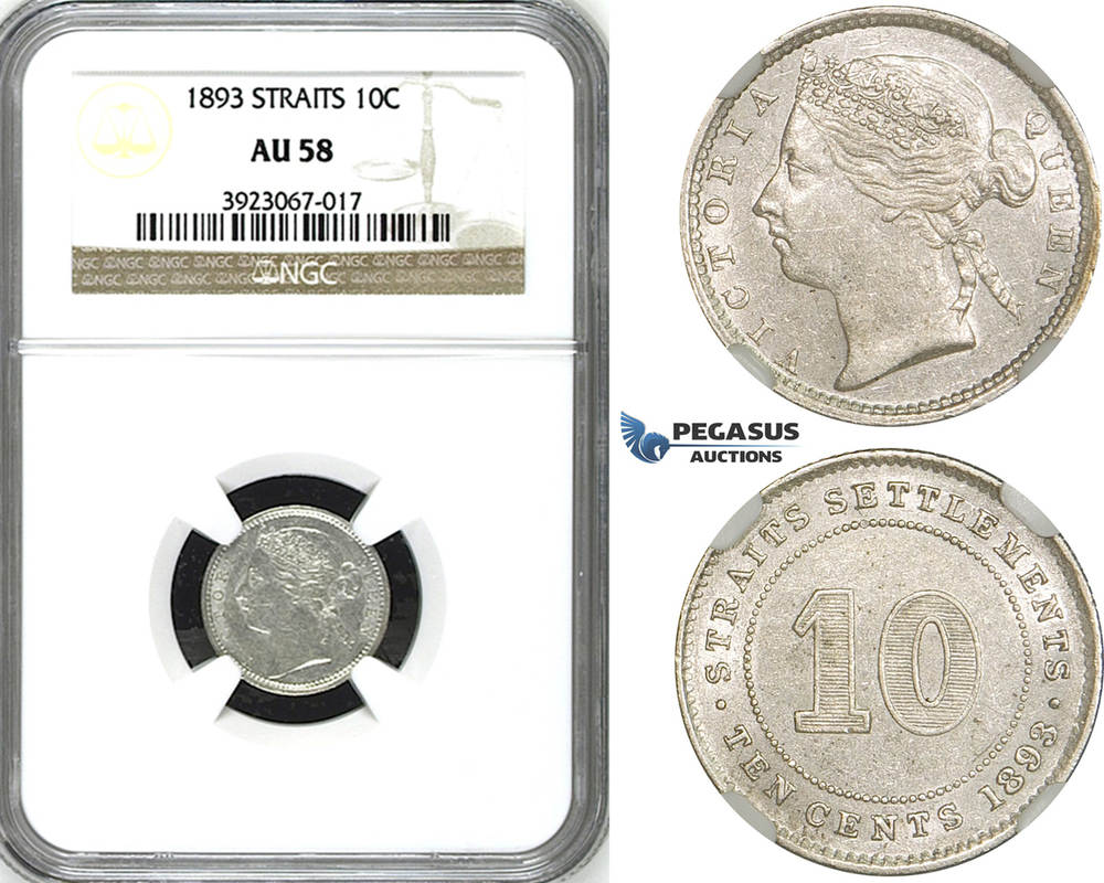 Straits Settlements 10 Cents 1893 Victoria NGC AU58 | MA-Shops