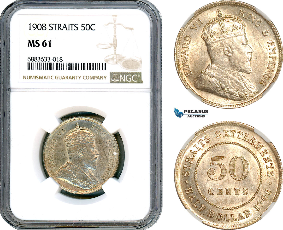 Straits Settlements 50 Cents 1908 NGC MS61 | MA-Shops