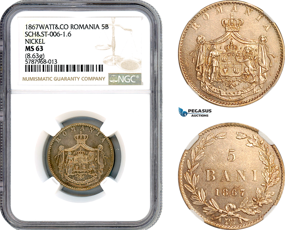 Romania Pattern 5 Bani 1867 Watt&Co 1867 NGC MS63, Top Pop 1 / 0, Very Rare! | MA-Shops