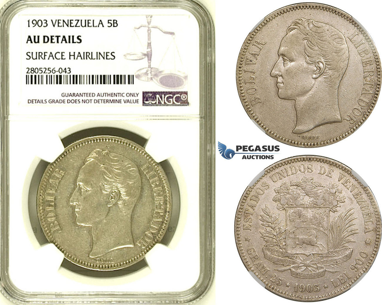 Venezuela 5 Bolivares 1903 NGC AU Det. | MA-Shops