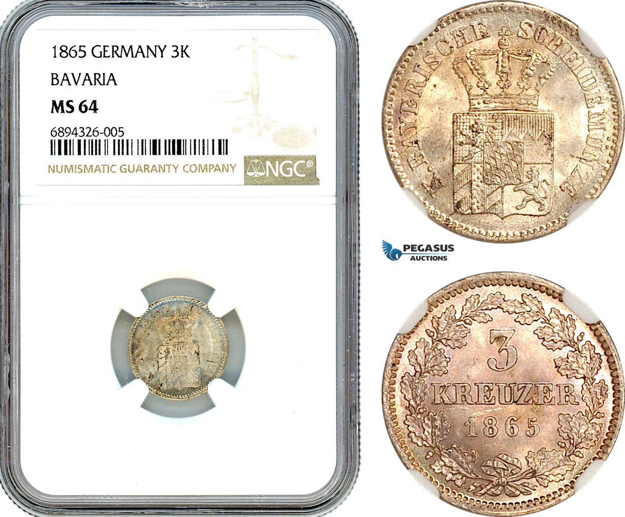Germany, Bavaria 3 Kreuzer 1865 NGC MS64 | MA-Shops