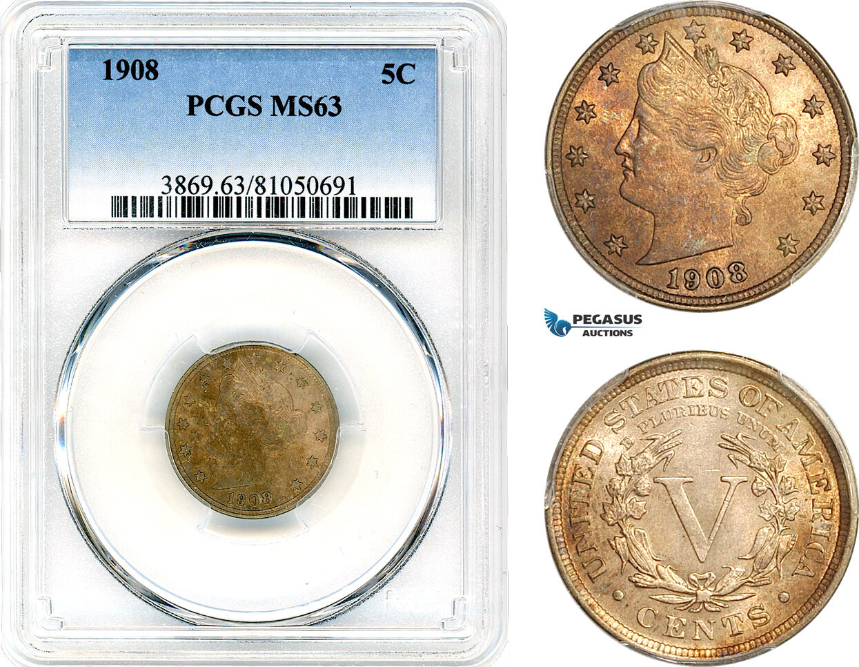 United States 5 Cents "Liberty Nickel" 1908 PCGS MS63 | MA-Shops