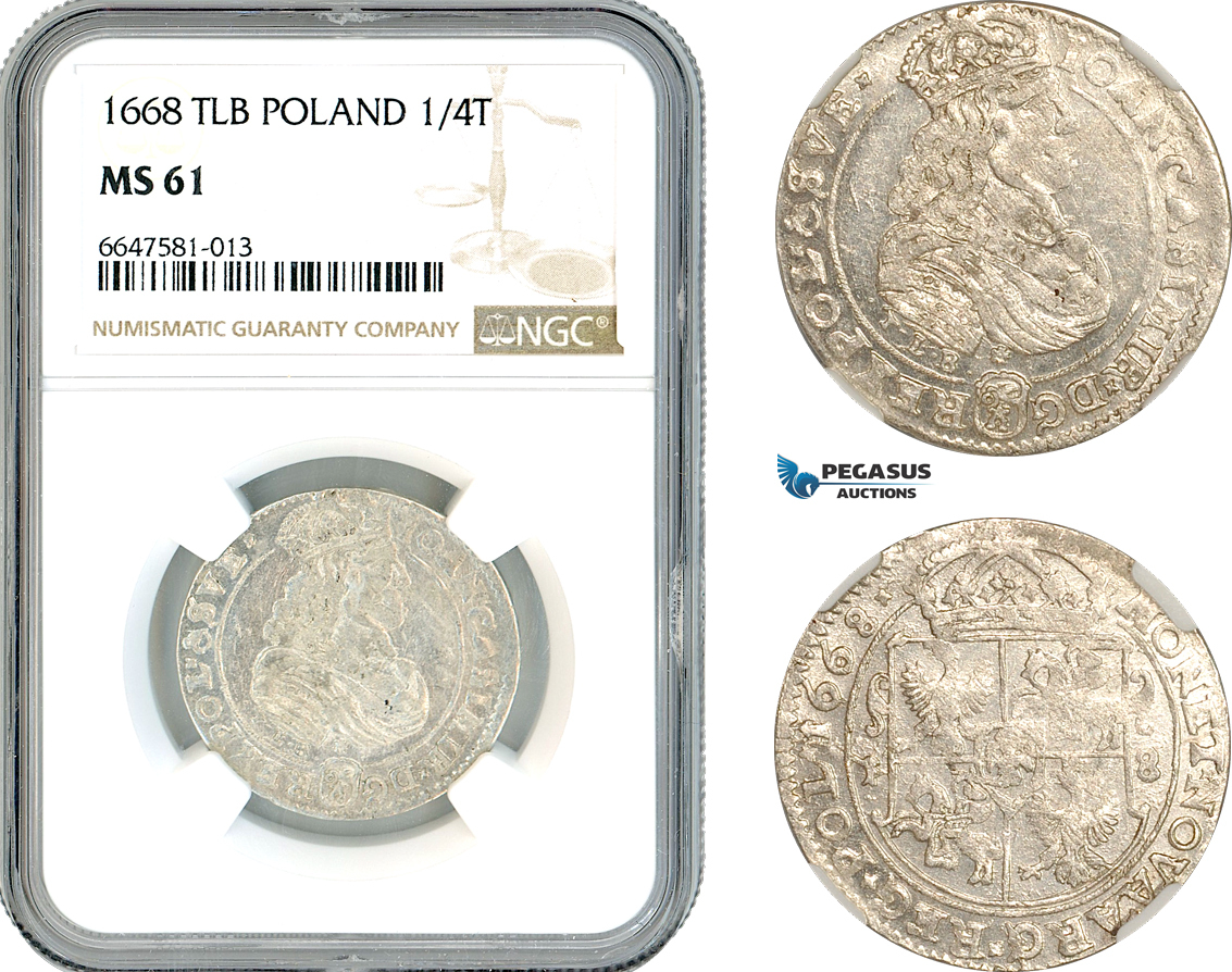 Poland 1/4 Taler 1668 NGC MS61, Top Pop! | MA-Shops