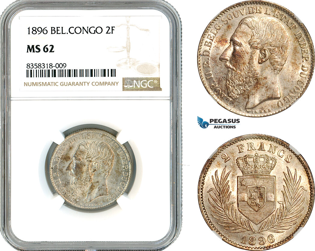 Belgian Congo 2 Francs 1896 NGC MS62 | MA-Shops