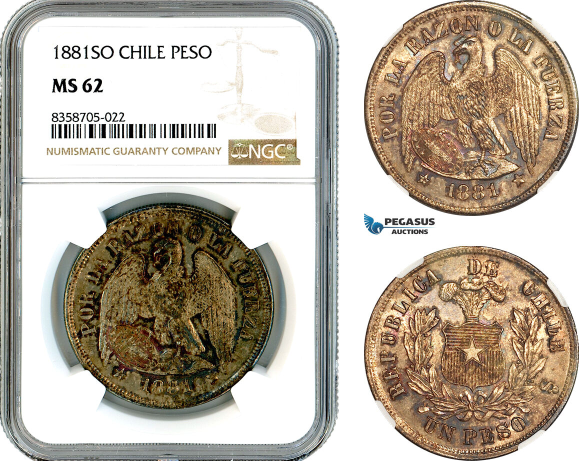 Chile 1 Peso 1881 NGC MS62 | MA-Shops