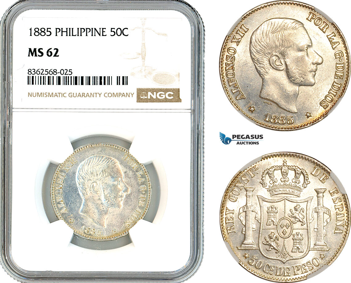 Philippines, Spanish Administration 50 Centimos 1885 NGC MS62 | MA-Shops