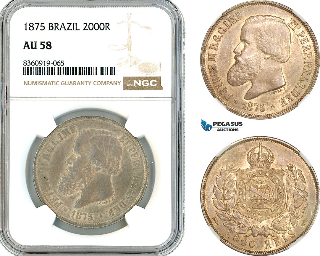 Brazil 2000 Reis 1875 NGC AU58 | MA-Shops