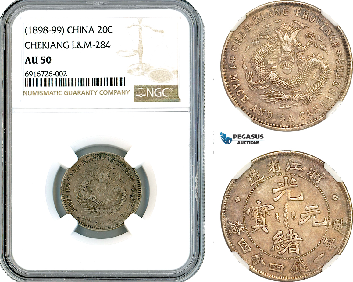 China, Chekiang 20 Cents ND (1898-99) NGC AU50 | MA-Shops