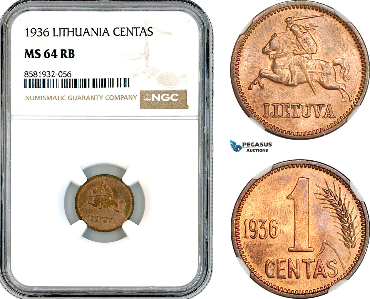 Lithuania 1 Centas 1936 NGC MS64RB | MA-Shops
