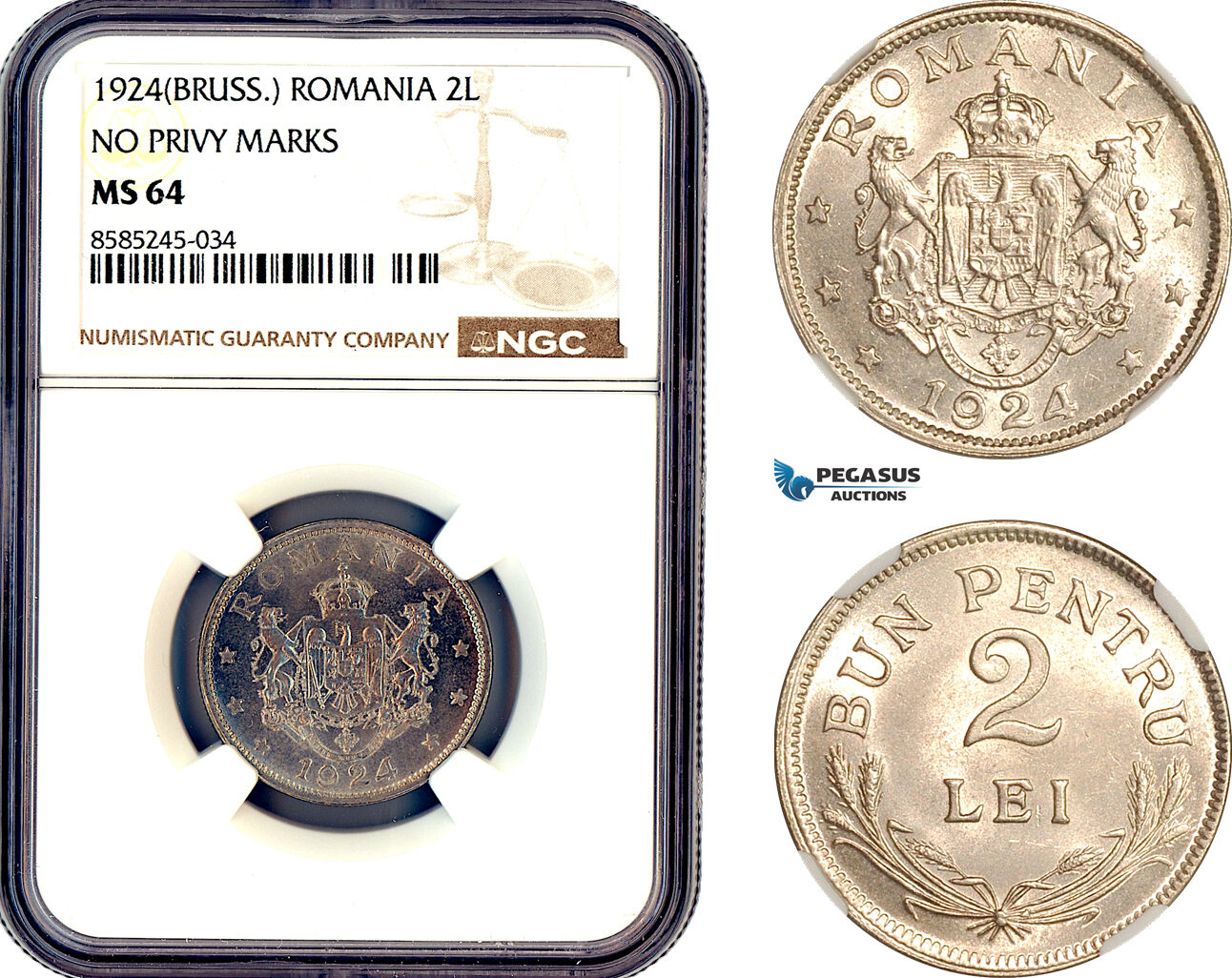 Romania 2 Lei 1924 NGC MS64 | MA-Shops