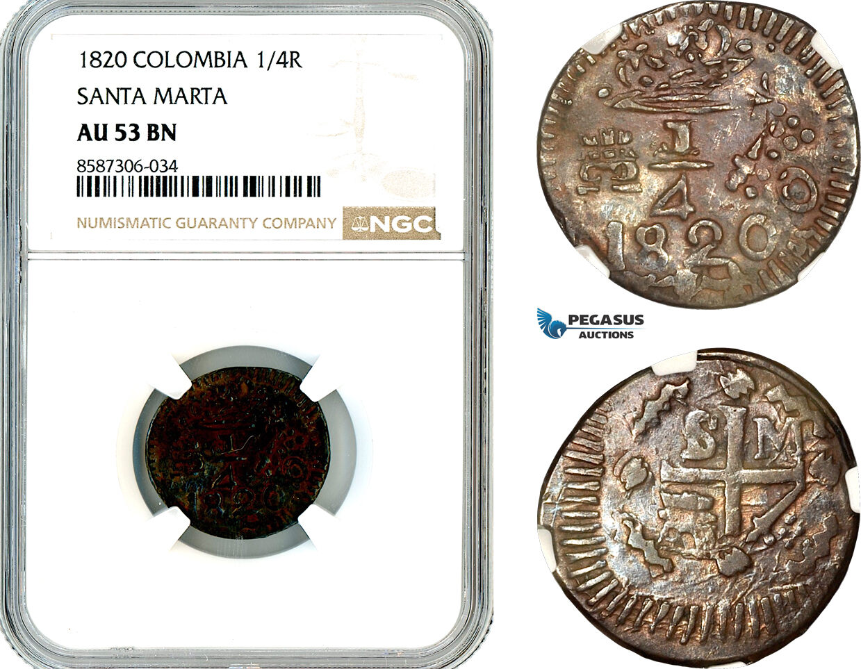Colombia, Santa Marta 1/4 Real 1820 NGC AU53BN | MA-Shops