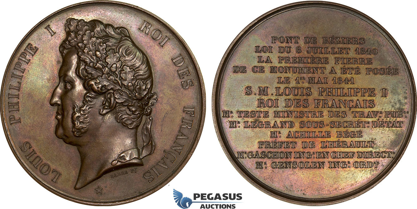 France Bronze Medal 1841 Louis Philippe, Bridge of Beziers AU-UNC | MA ...