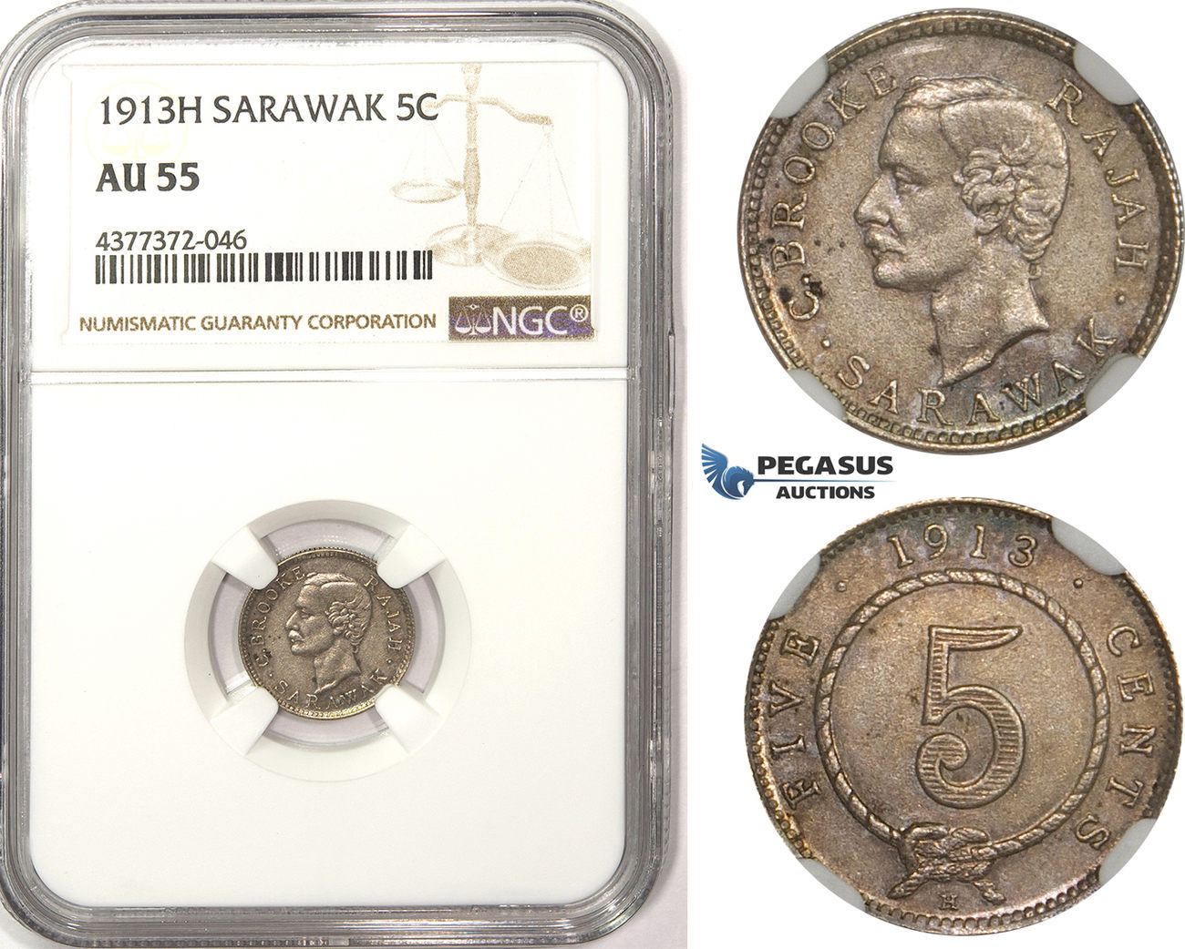 Sarawak 5 Cents 1913 C. Brooke Rajah NGC AU55 | MA-Shops