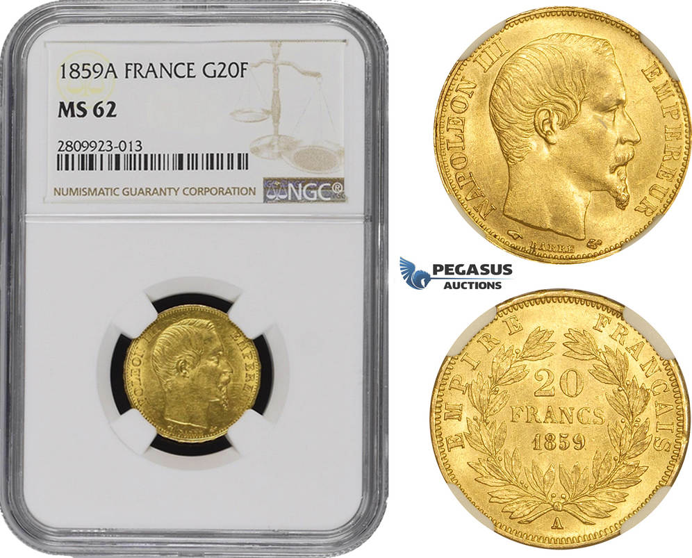 France 20 Francs 1859 Napoleon III, Paris NGC MS62 | MA-Shops