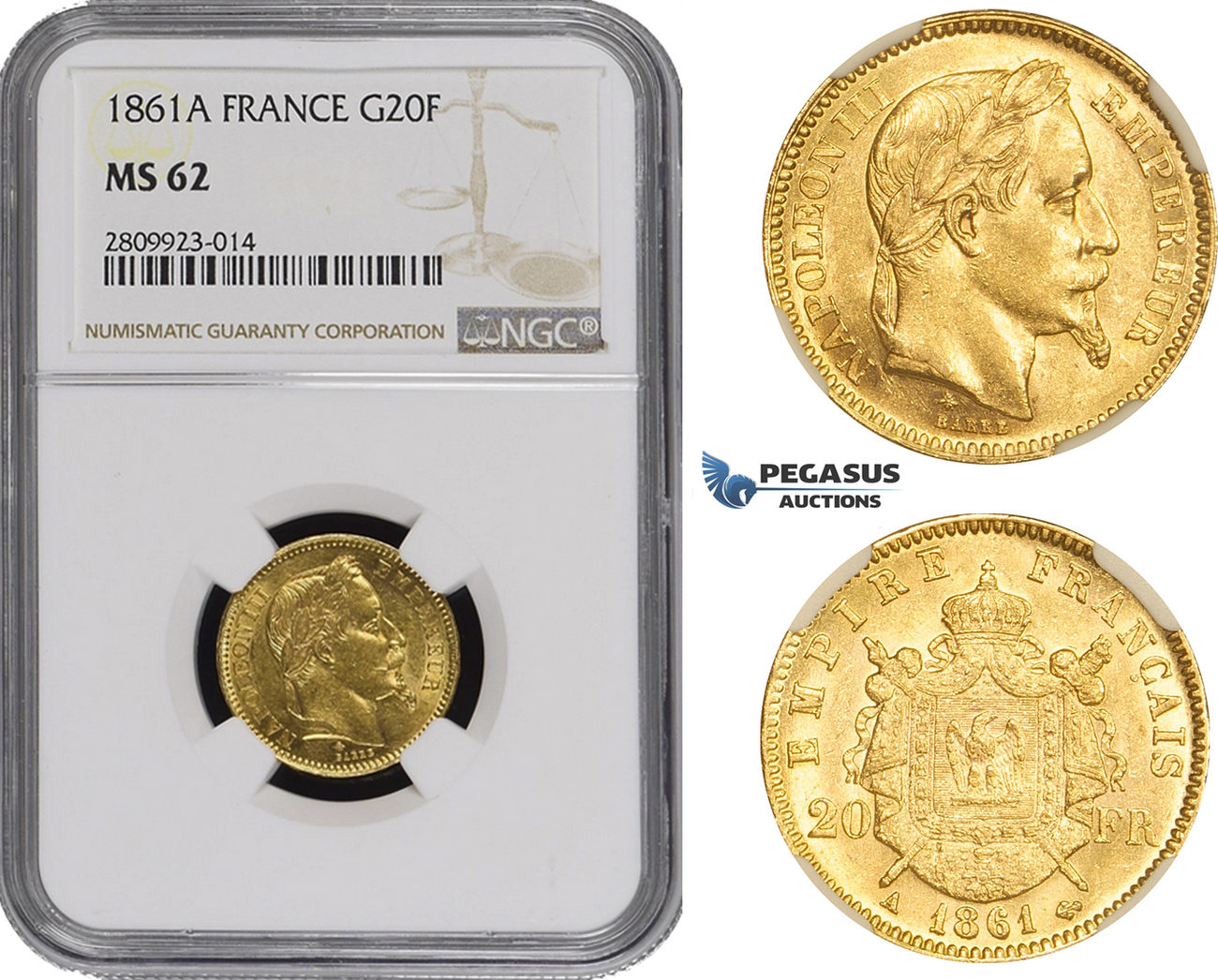 France 20 Francs 1861 Napoleon III, Paris NGC MS62 | MA-Shops