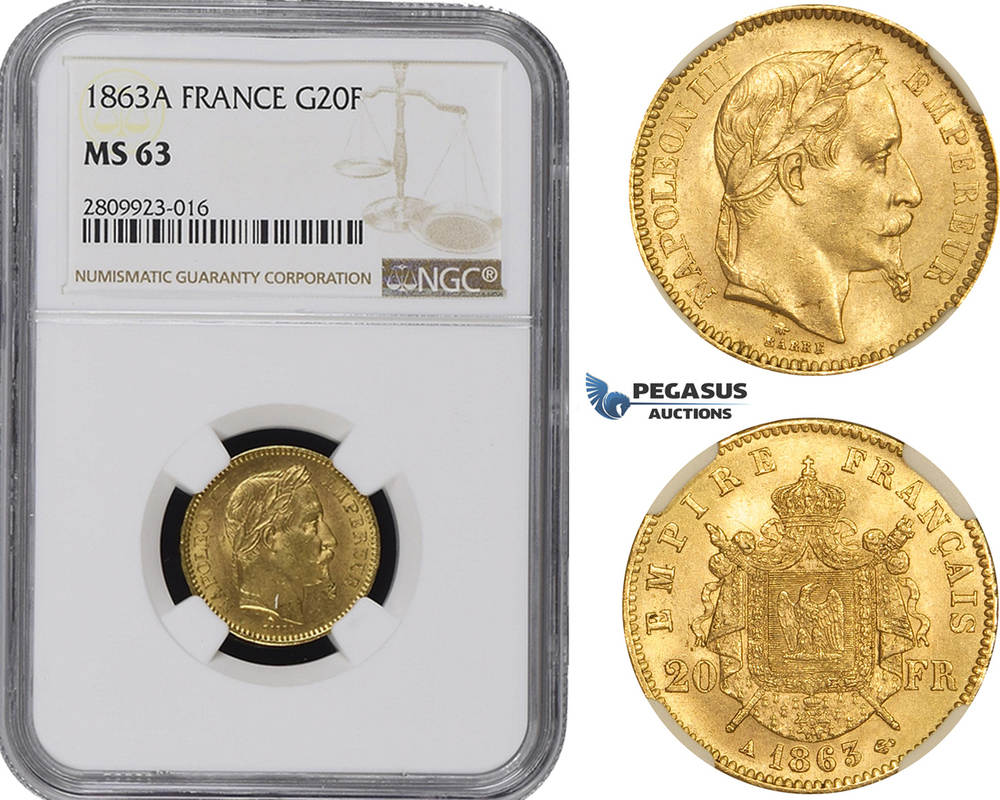 France 20 Francs 1863 Napoleon III, Paris NGC MS63 | MA-Shops