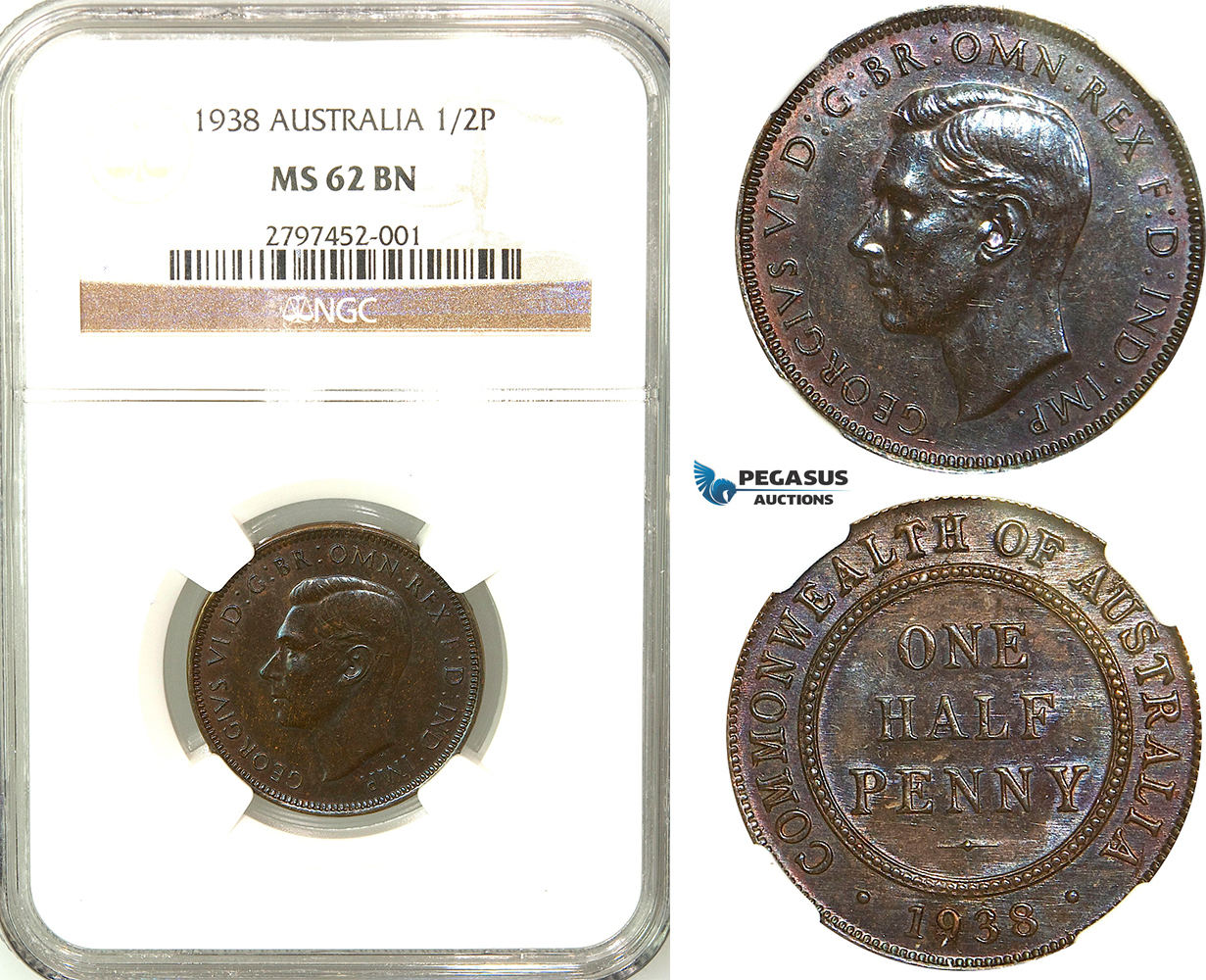 Australia 1/2 Penny 1938 George VI NGC MS62BN | MA-Shops