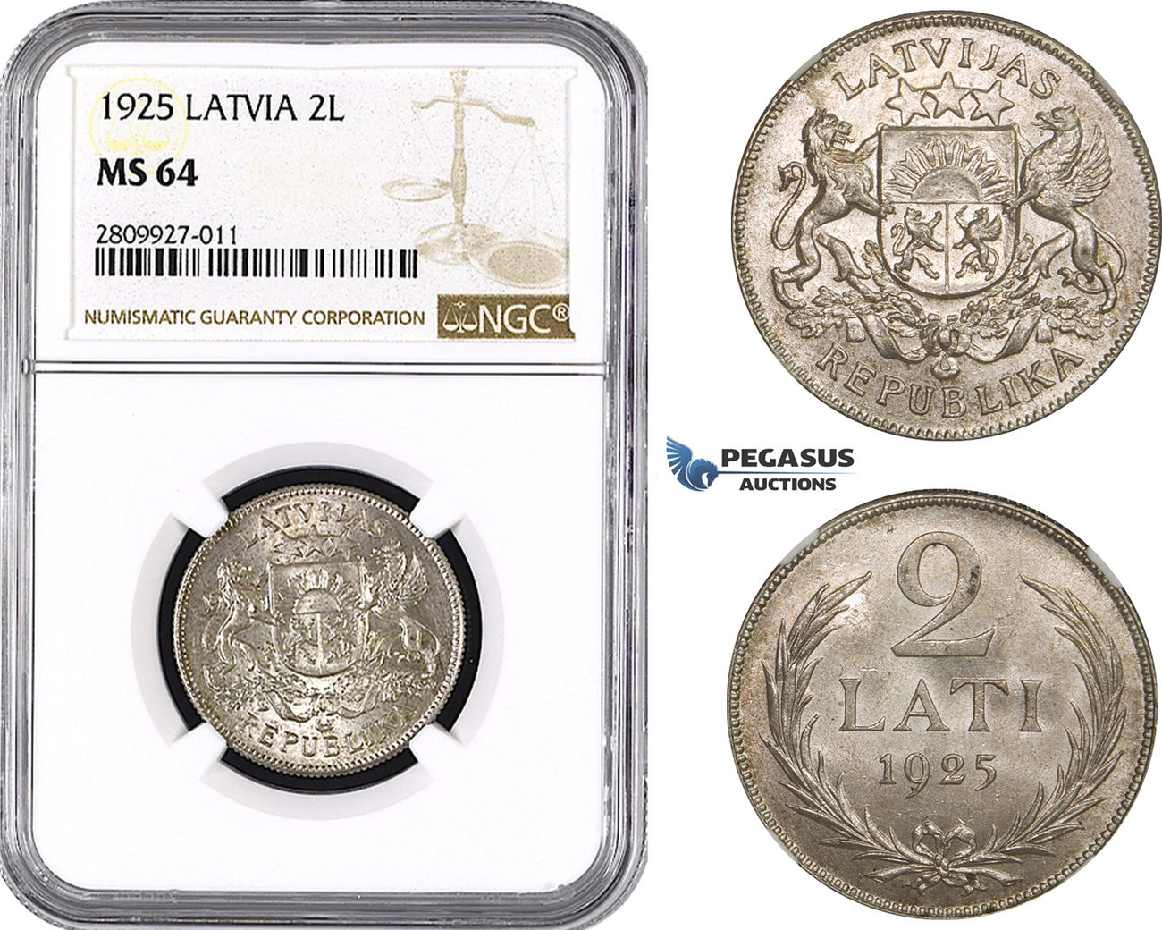 Latvia 2 Lati 1925 NGC MS64 | MA-Shops