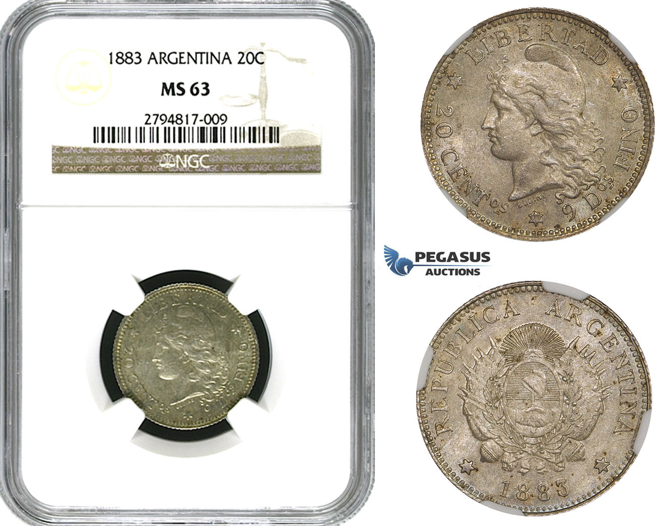 Argentina 20 Centavos 1883 NGC MS63 | MA-Shops