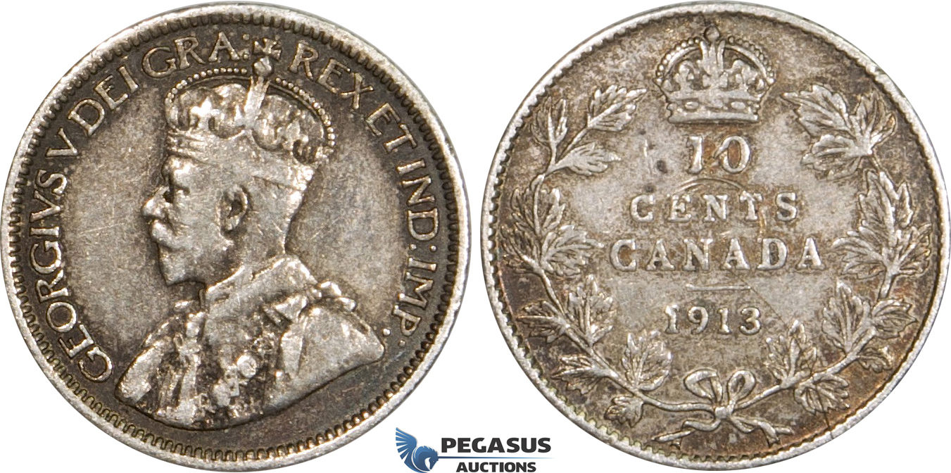 Canada 10 Cents 1913 George V, Broad Leaves, Rare! VF-XF | MA-Shops