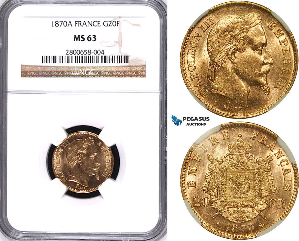 France 20 Francs 1870 Napoleon III, Paris NGC MS63 | MA-Shops
