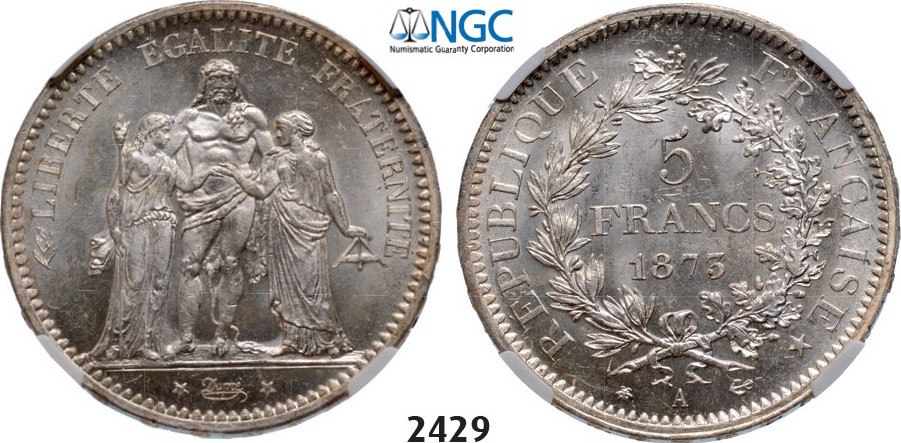 France, Third Republic 5 Francs 1873 Paris NGC MS65 | MA-Shops