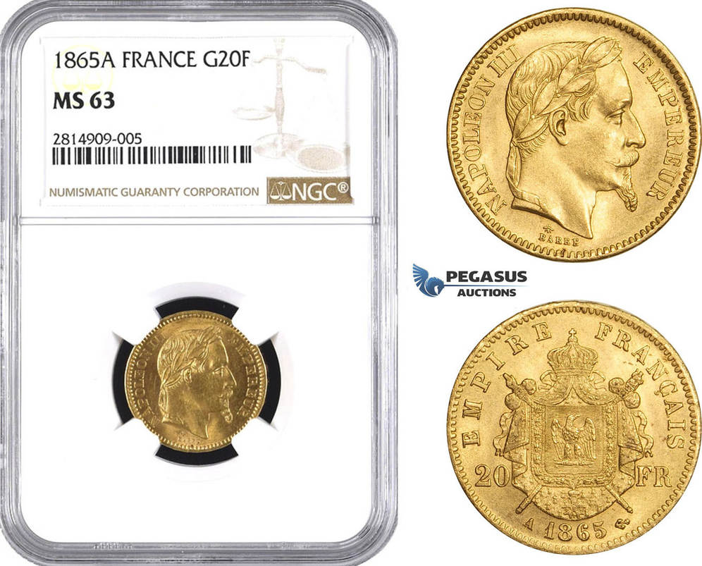 France 20 Francs 1865 Napoleon III NGC MS63 | MA-Shops