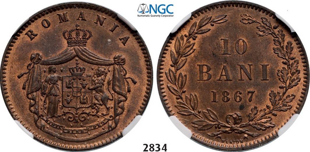 Romania 10 Bani 1867 Carol I, Heaton, Original Strike! NGC MS64RB | MA ...