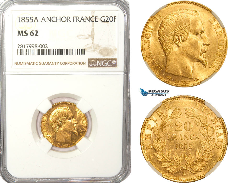 France 20 Francs 1855 Napoleon III NGC MS62 | MA-Shops