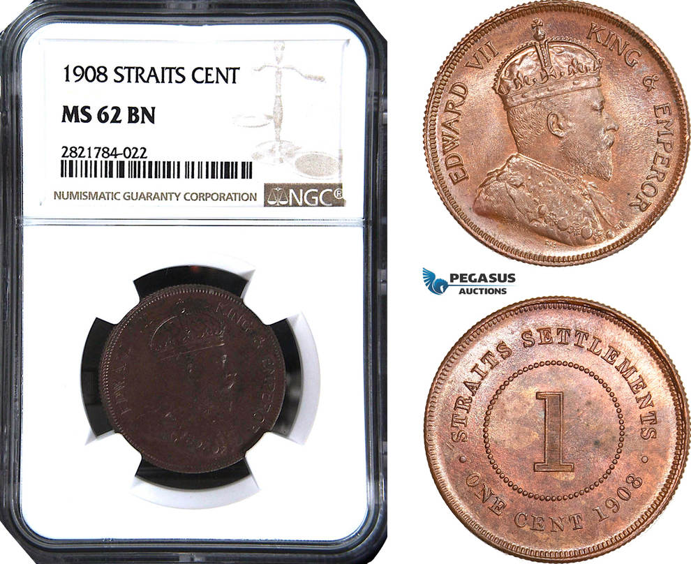 Straits Settlements 1 Cent 1908 NGC MS62BN | MA-Shops