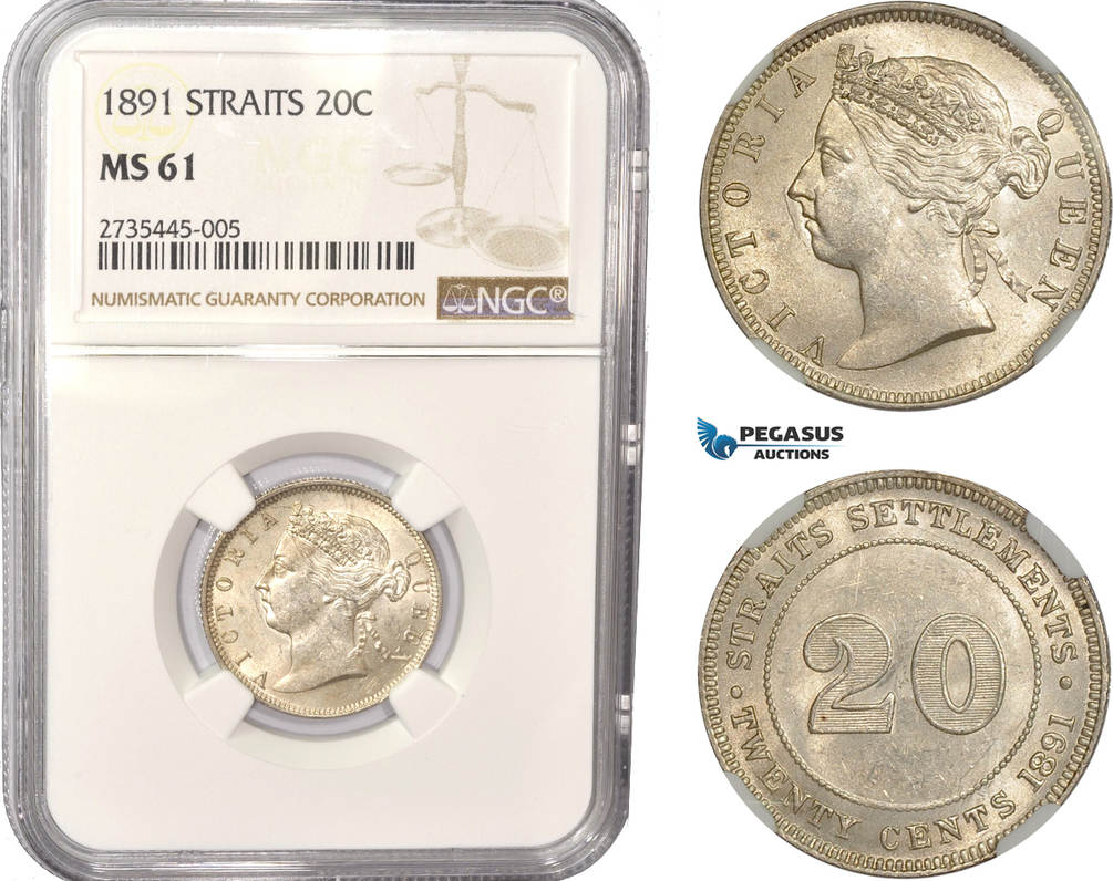 Straits Settlements 20 Cents 1891 Victoria NGC MS61 | MA-Shops