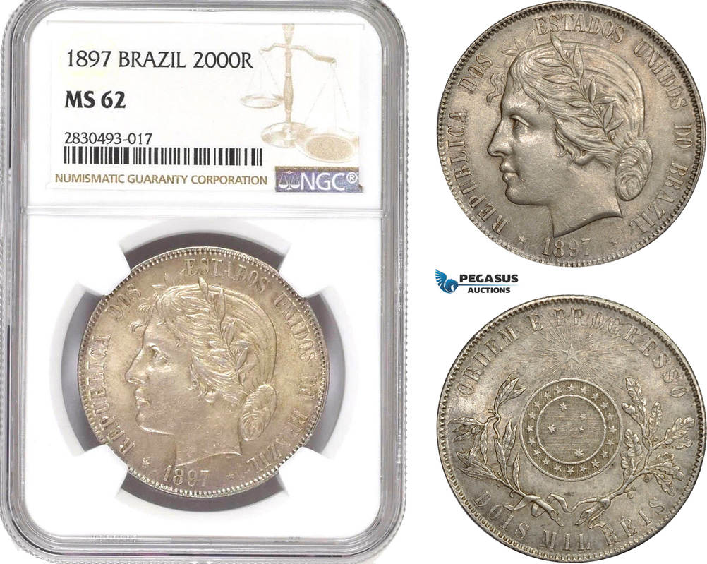Brazil 2000 Reis 1897 Rare! NGC MS62 | MA-Shops