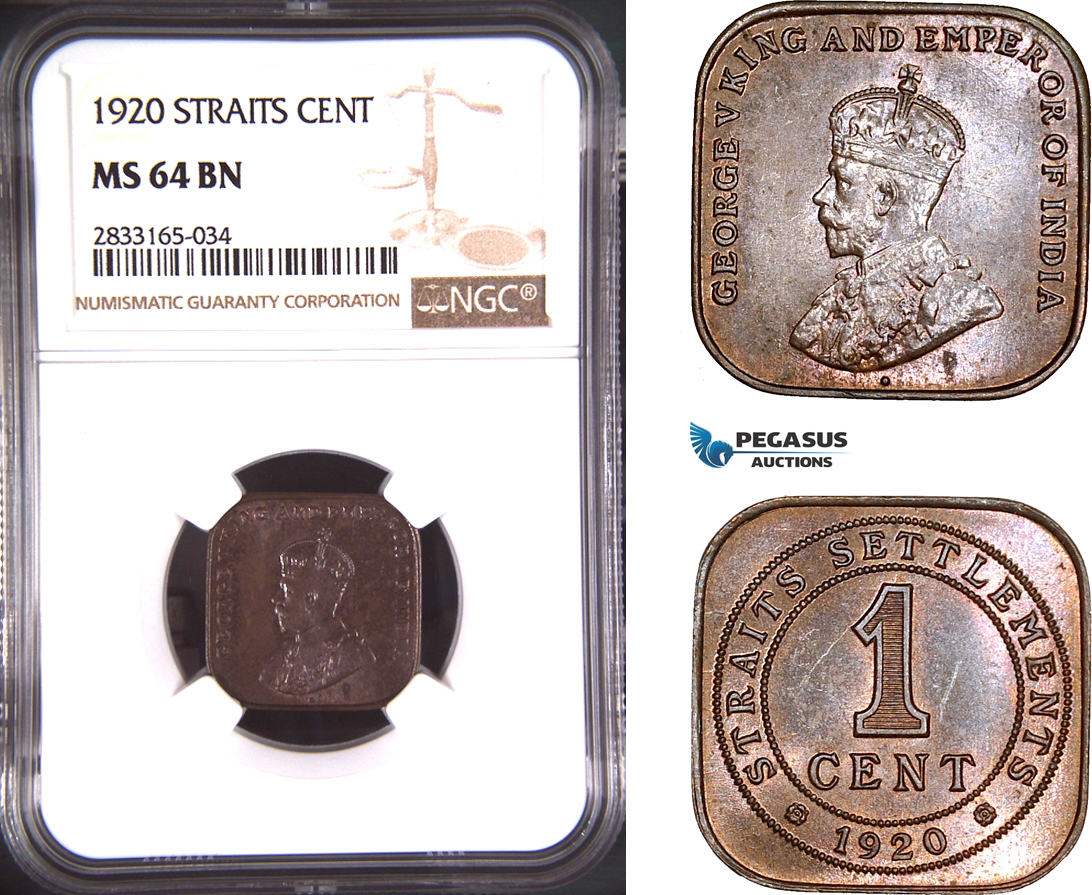 Straits Settlements 1 Cent 1920 George V NGC MS64BN | MA-Shops