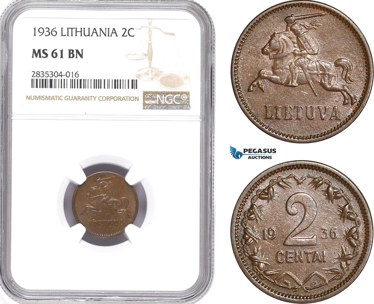 Lithuania 2 Centai 1936 NGC MS61BN | MA-Shops