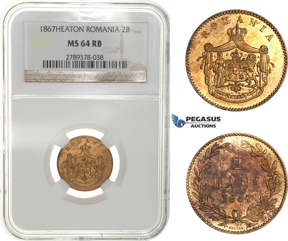 Romania 2 Bani 1867 Carol I, Heaton NGC MS64RB | MA-Shops